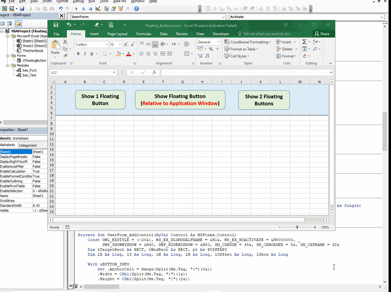 Hide userform title bar, and locking the userform into a relative position on the application ...